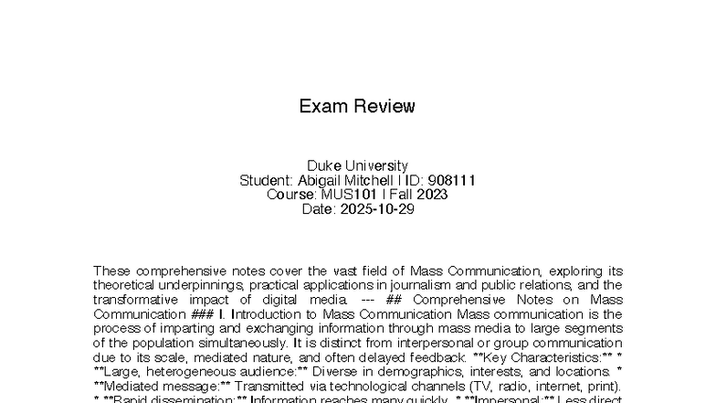 MUS101 Fall 2023 - Comprehensive Exam Review on Mass Communication ...