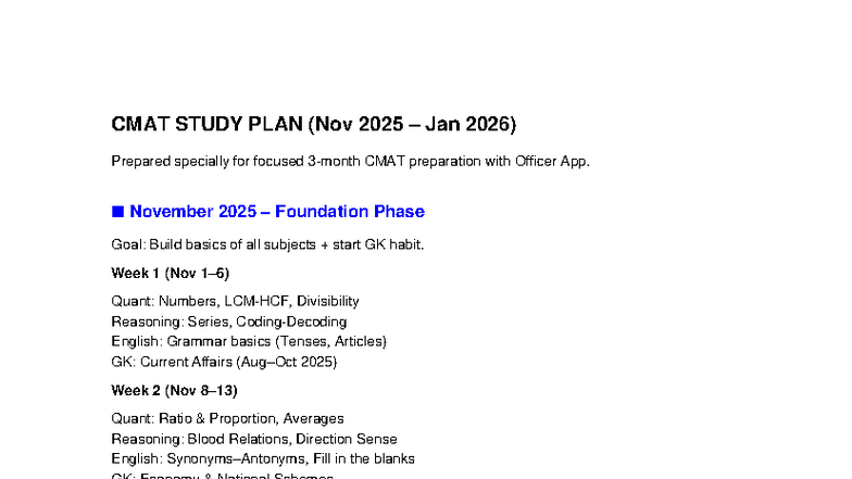 CMAT Study Plan: Nov 2025 - Jan 2026 Focused Prep Guide - Studocu