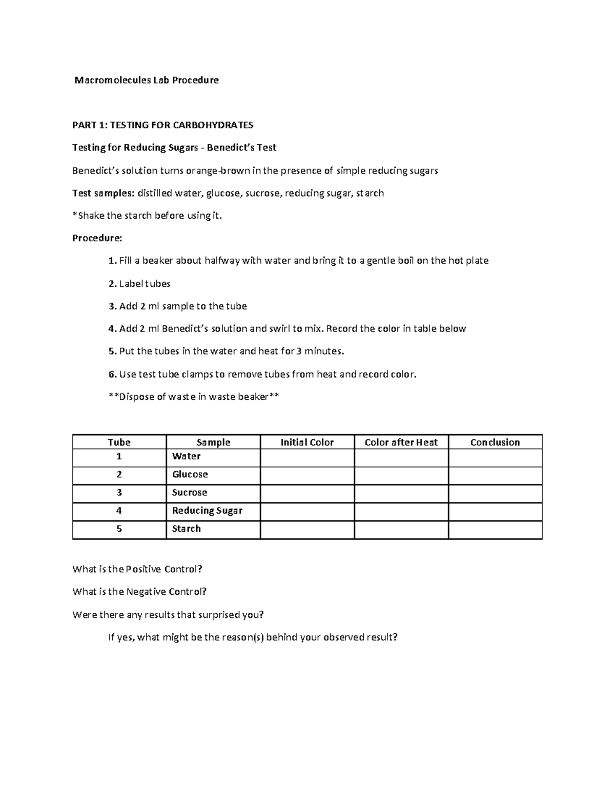 Macromolecules Lab Procedure for Testing Carbs, Proteins, & Lipids ...