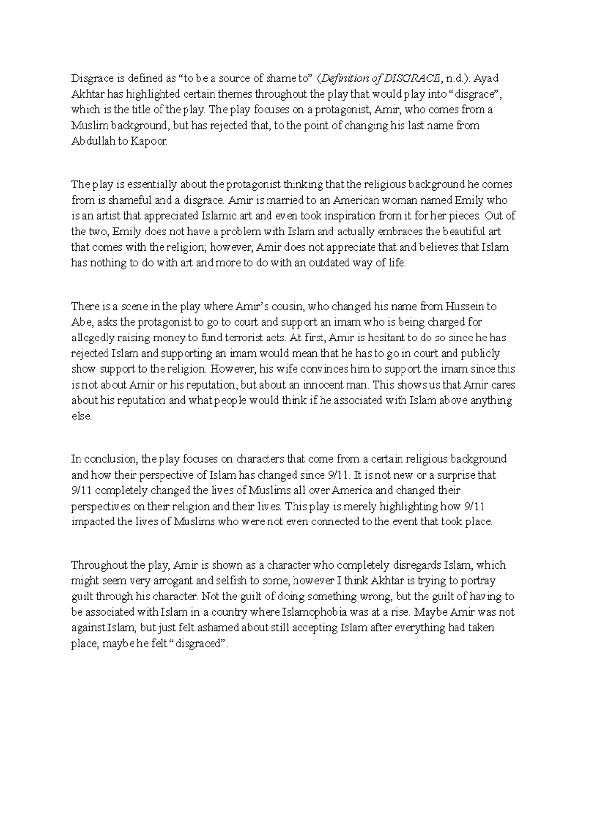 ENG 201: Disgraced Play Analysis – Themes of Shame and Identity - Studocu