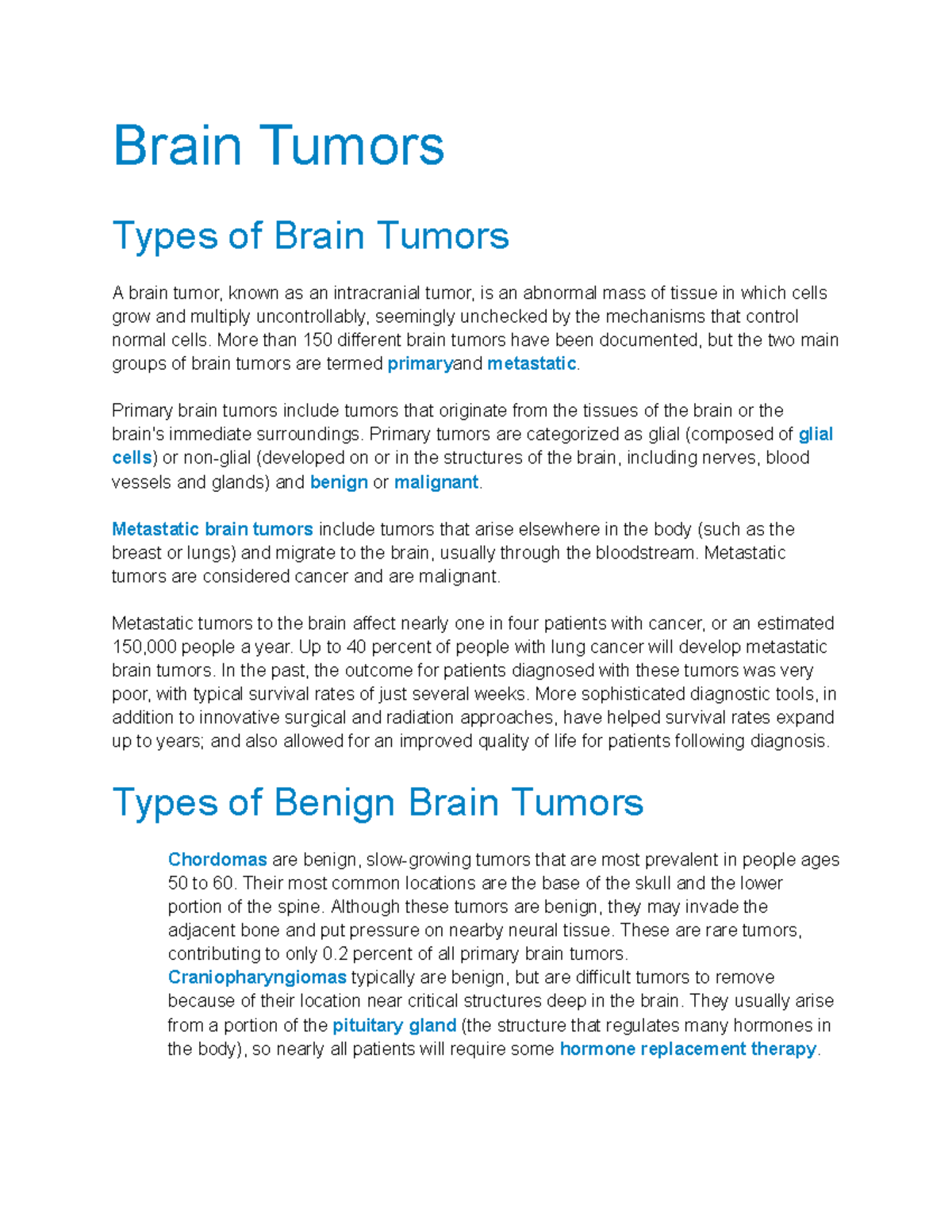 Brain Tumors: Types, Causes, and Treatment Insights - Studocu