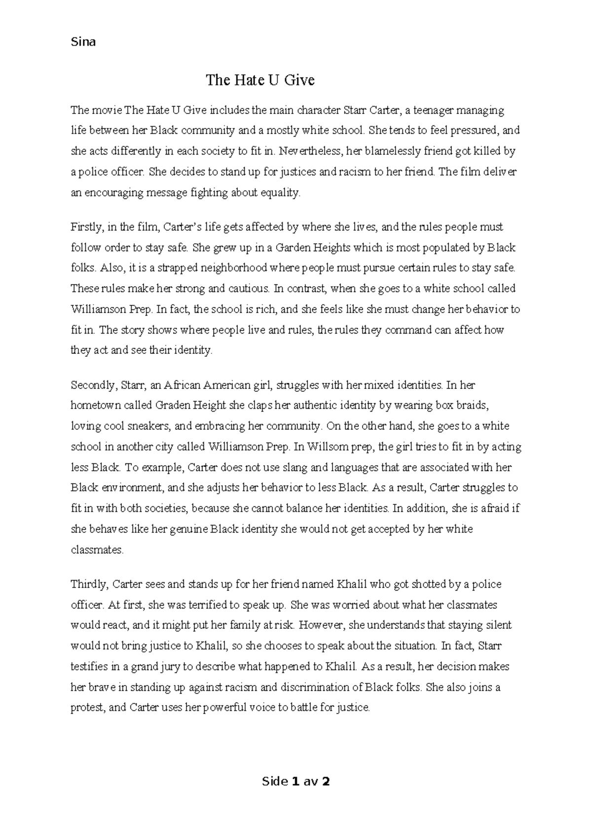 ENG 201: The Hate U Give - Analysis of Identity and Justice Themes ...