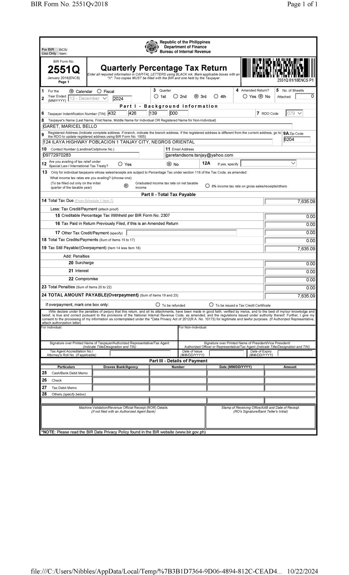BIR Form No. 2551Q Quarterly Tax Return (Q3 2024) for Maricel Garet ...