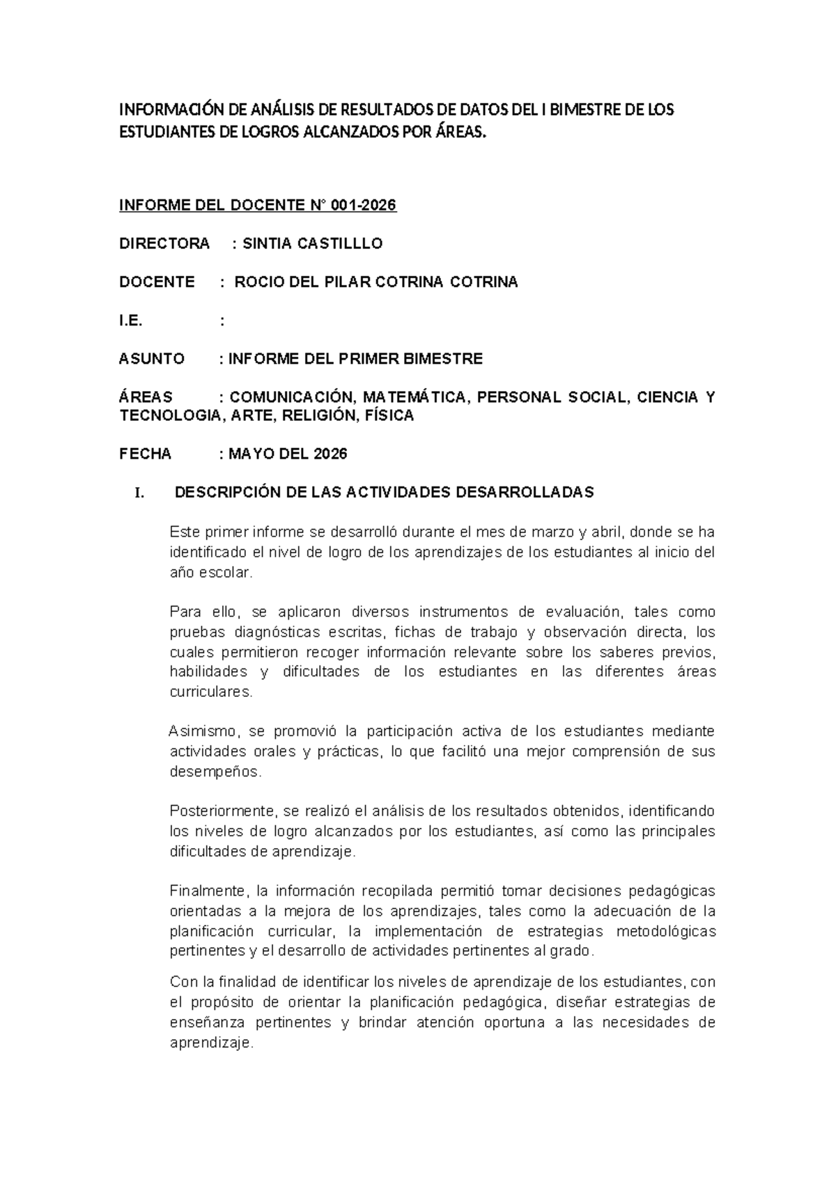 Informe del I Bimestre: Análisis de Resultados de Primer Grado - Studocu