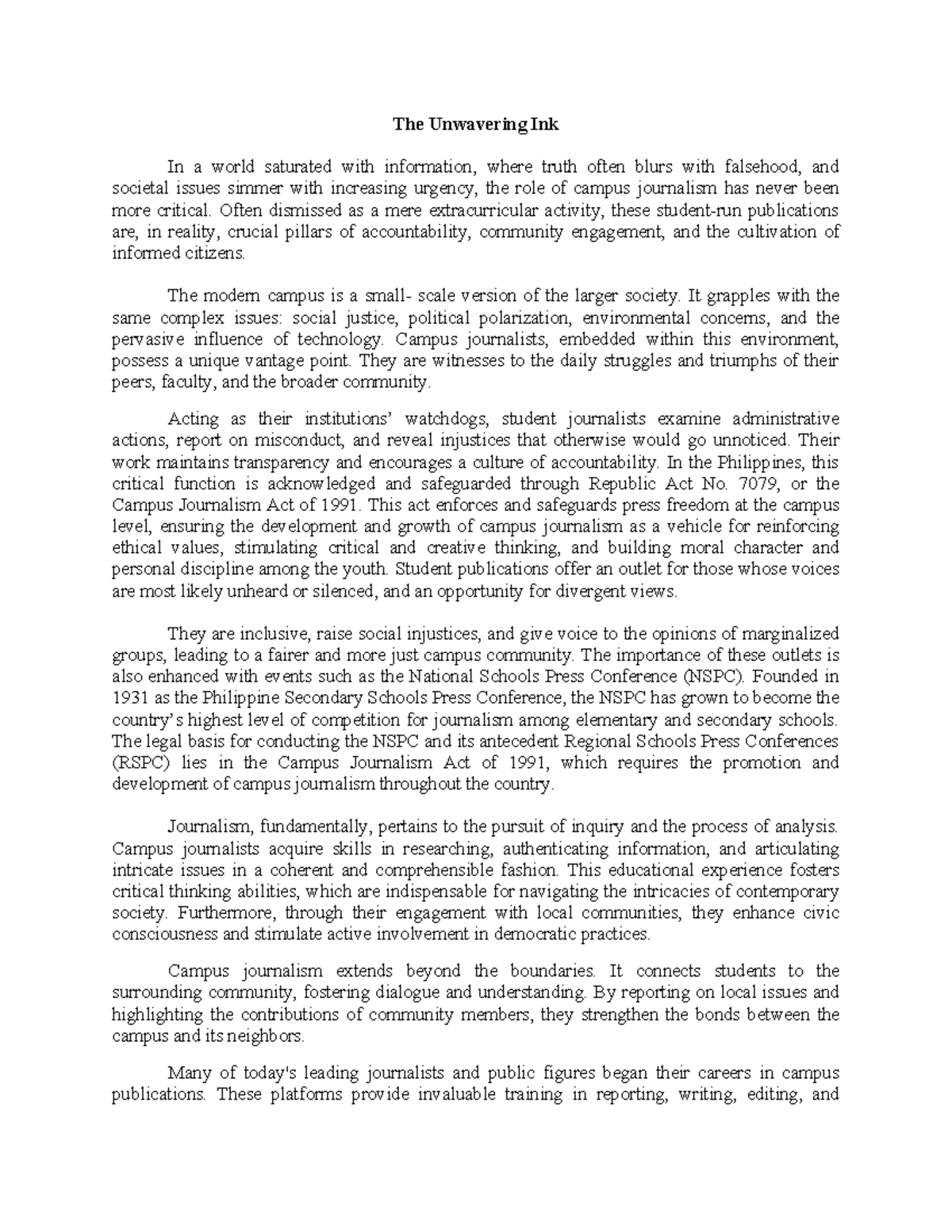 The Critical Role of Campus Journalism - EDI - Studocu
