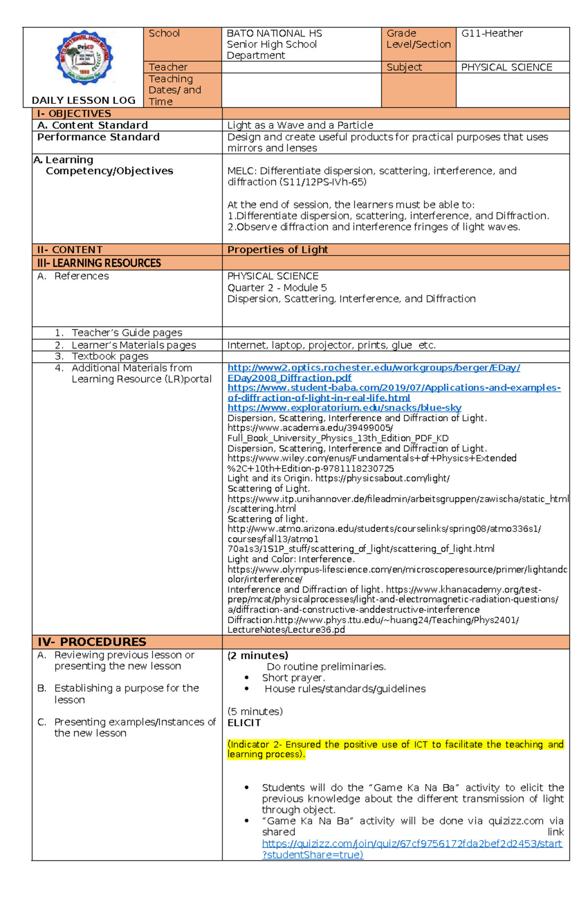 PHYSICAL SCIENCE 12 Daily Lesson Plan: Light Properties & Applications ...