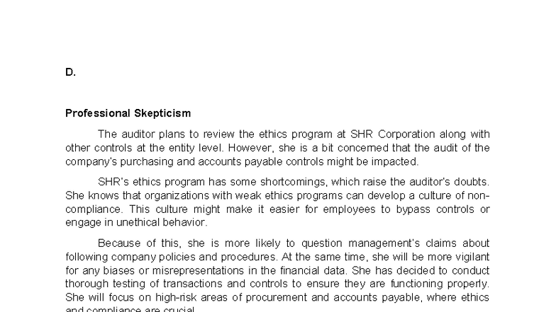 D. Case Study: Professional Skepticism in Auditing Ethics at SHR Corp ...