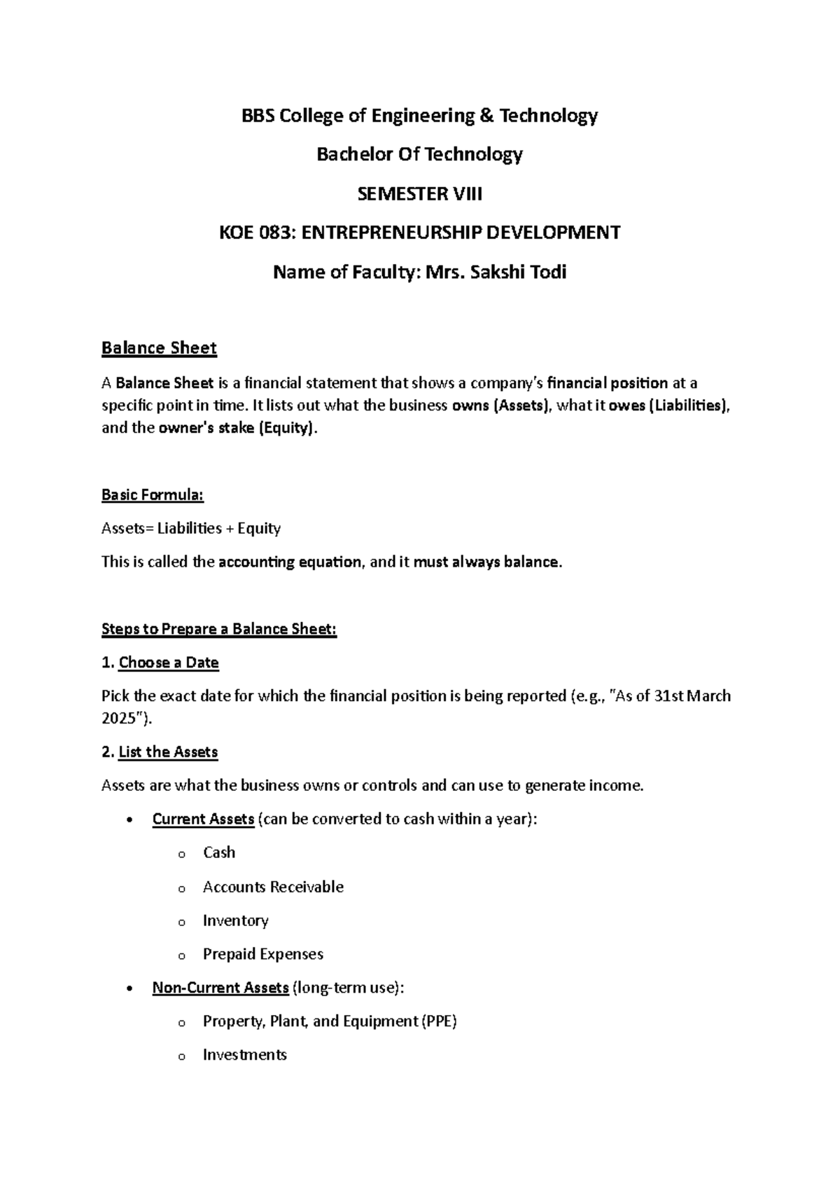 ED Notes UNIT-3: Balance Sheet, Decision Making & PPC Overview - Studocu