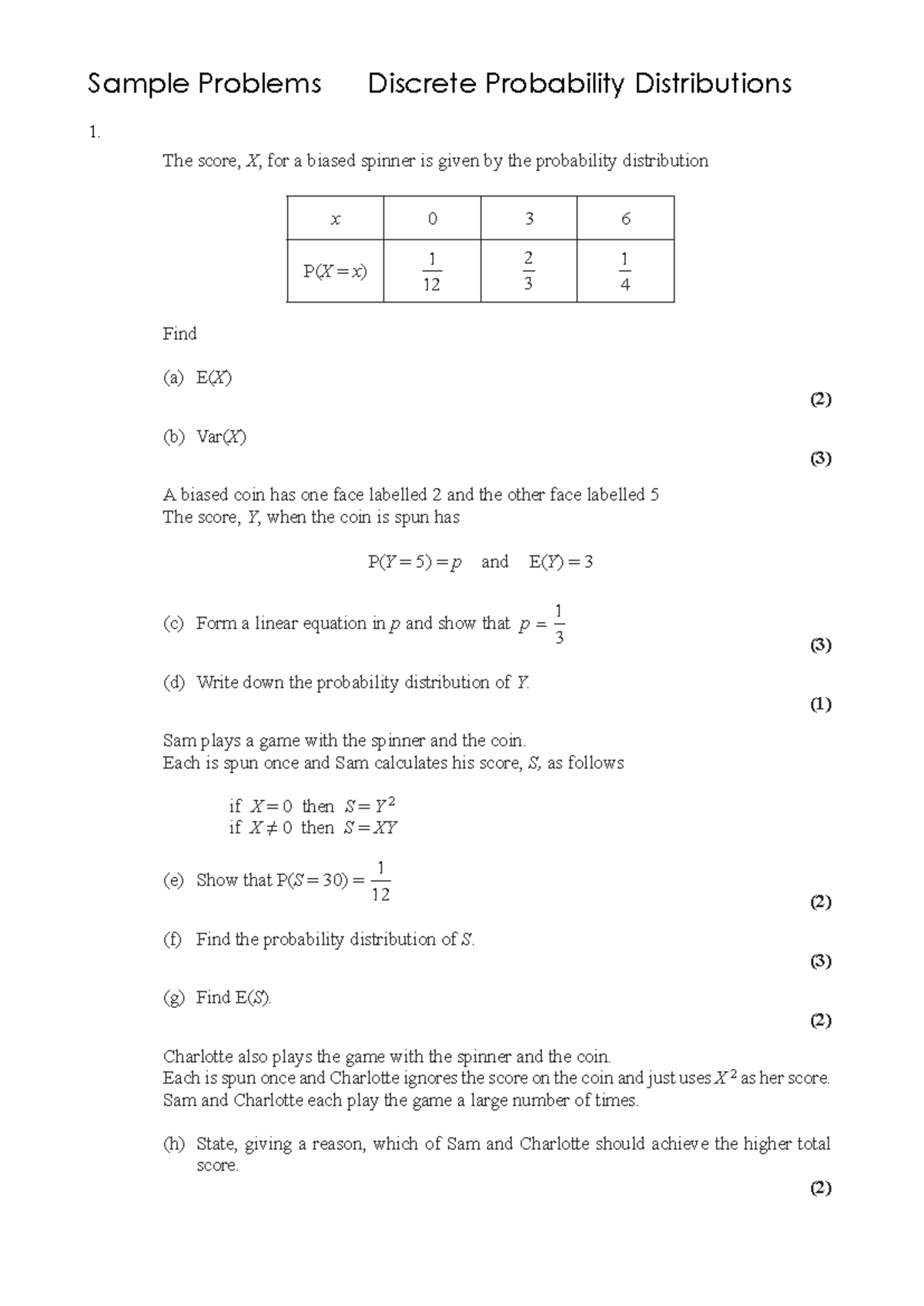Sample Questions on Discrete Probability Distributions (P41805A01420 ...