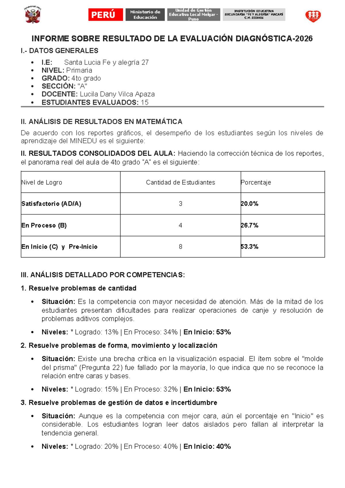 Informe de Evaluación Diagnóstica 4to Grado - I.E. Santa Lucia Fe y ...