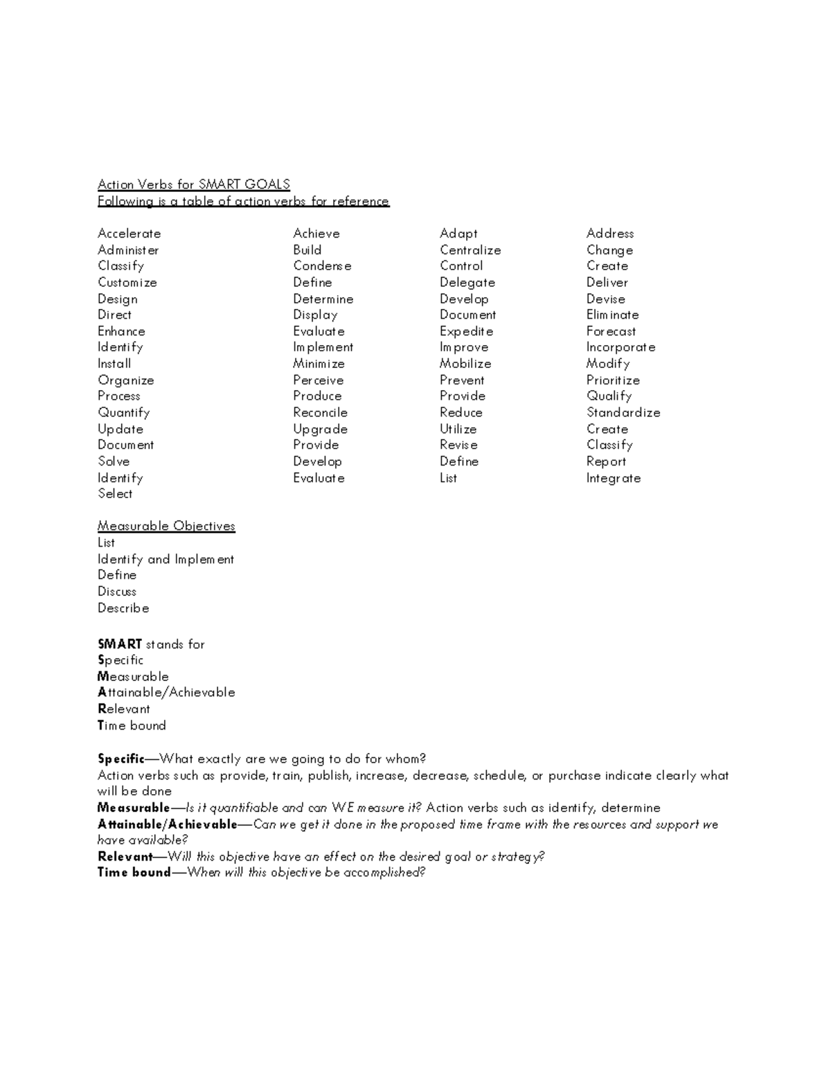 Action Verbs for SMART Goals: A Comprehensive Reference Guide - Studocu