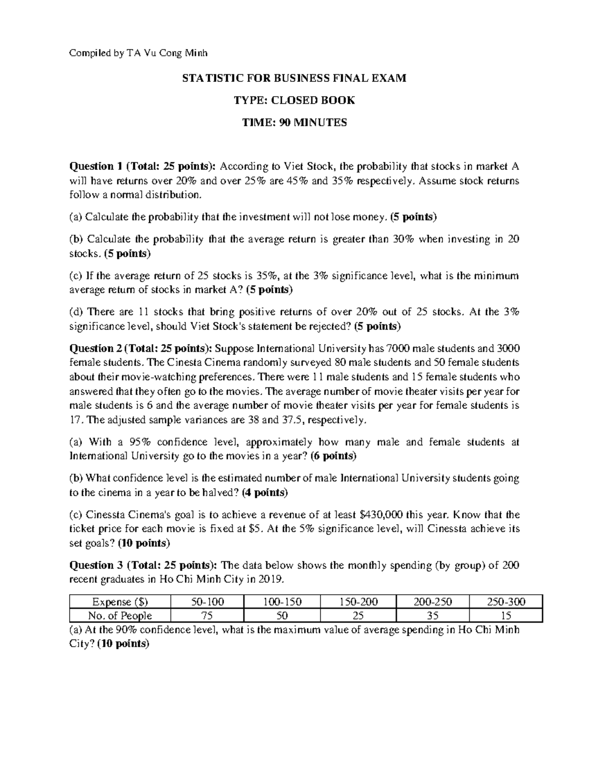 Statistics for Business Final Exam (Course Code: STAT 101) - Studocu