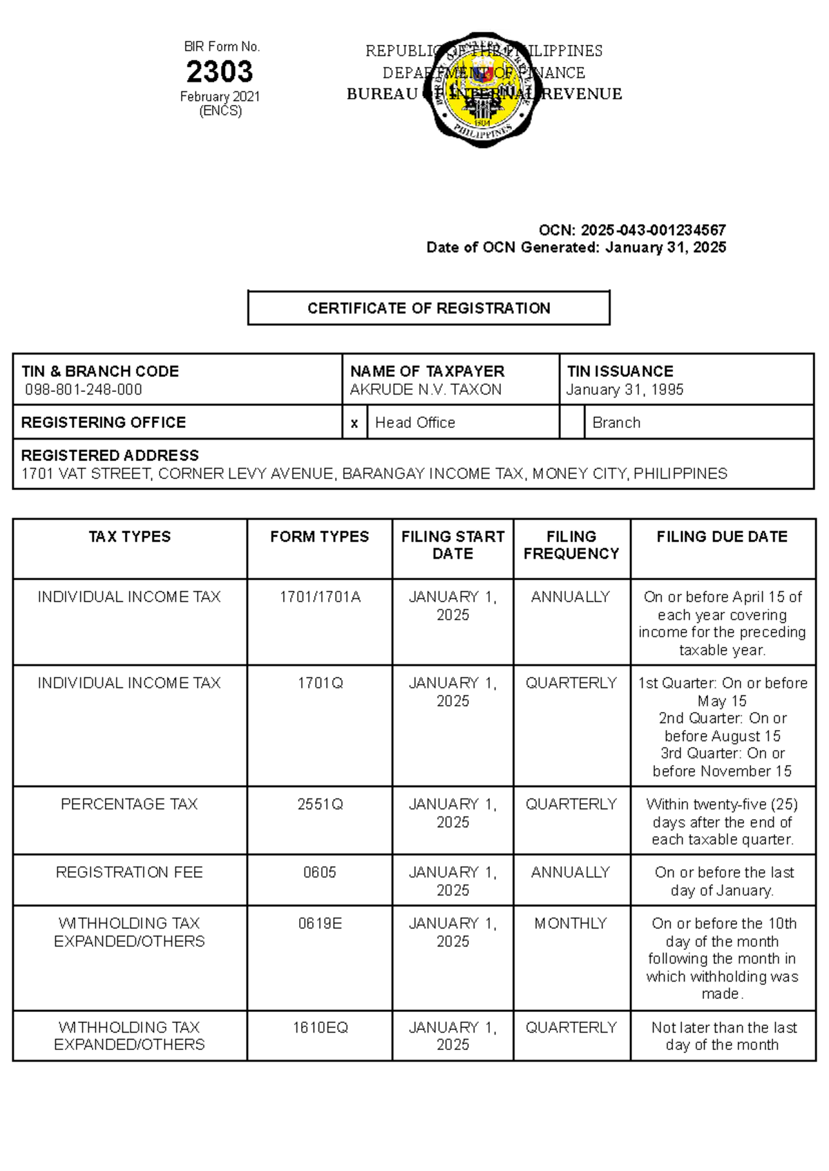 Certificate OF Registration - BIR Form No. 2303 February 2021 (ENCS ...