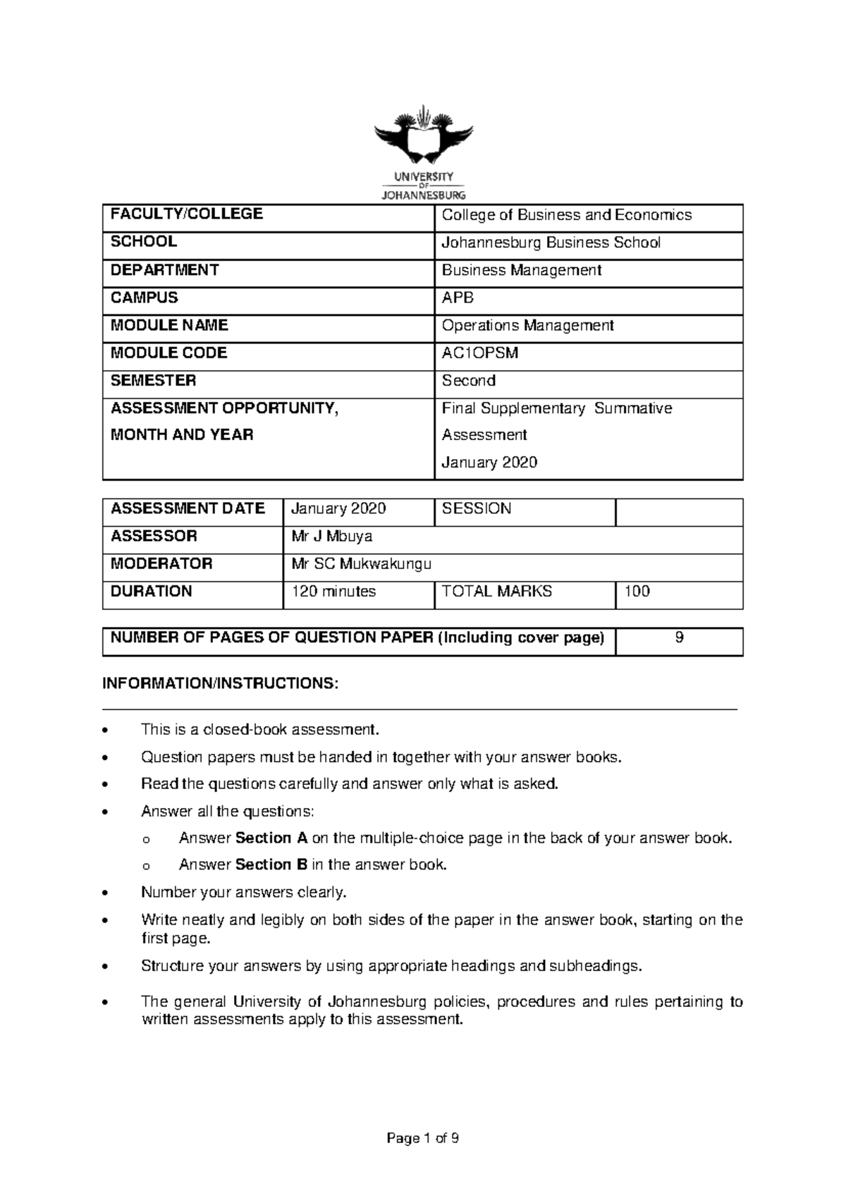 Uj 38029+ Source 1+ Source 1 - FACULTY/COLLEGE College of Business and Economics SCHOOL ...