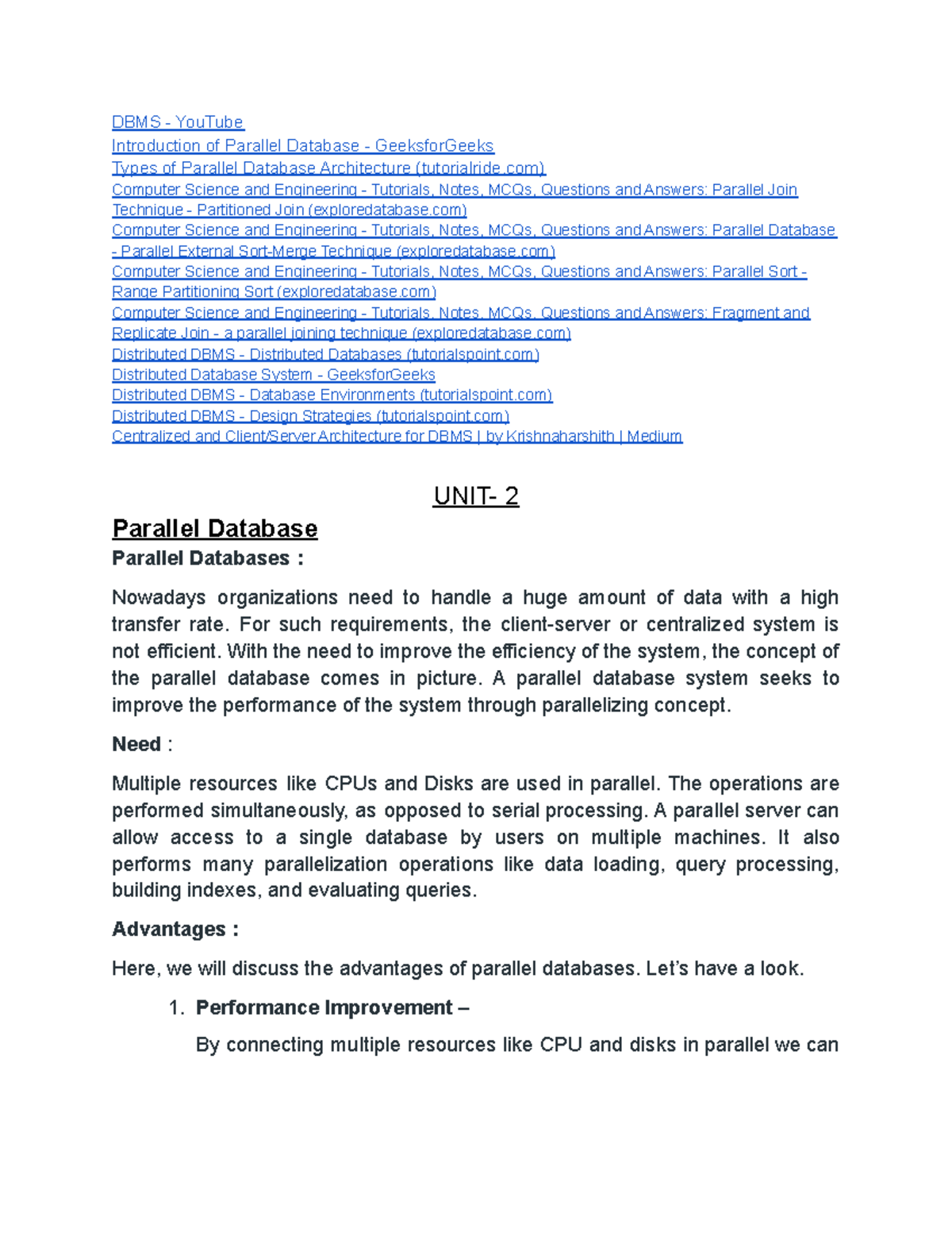 DBMS CSE Unit 2: Parallel Database Architectures and Techniques - Studocu