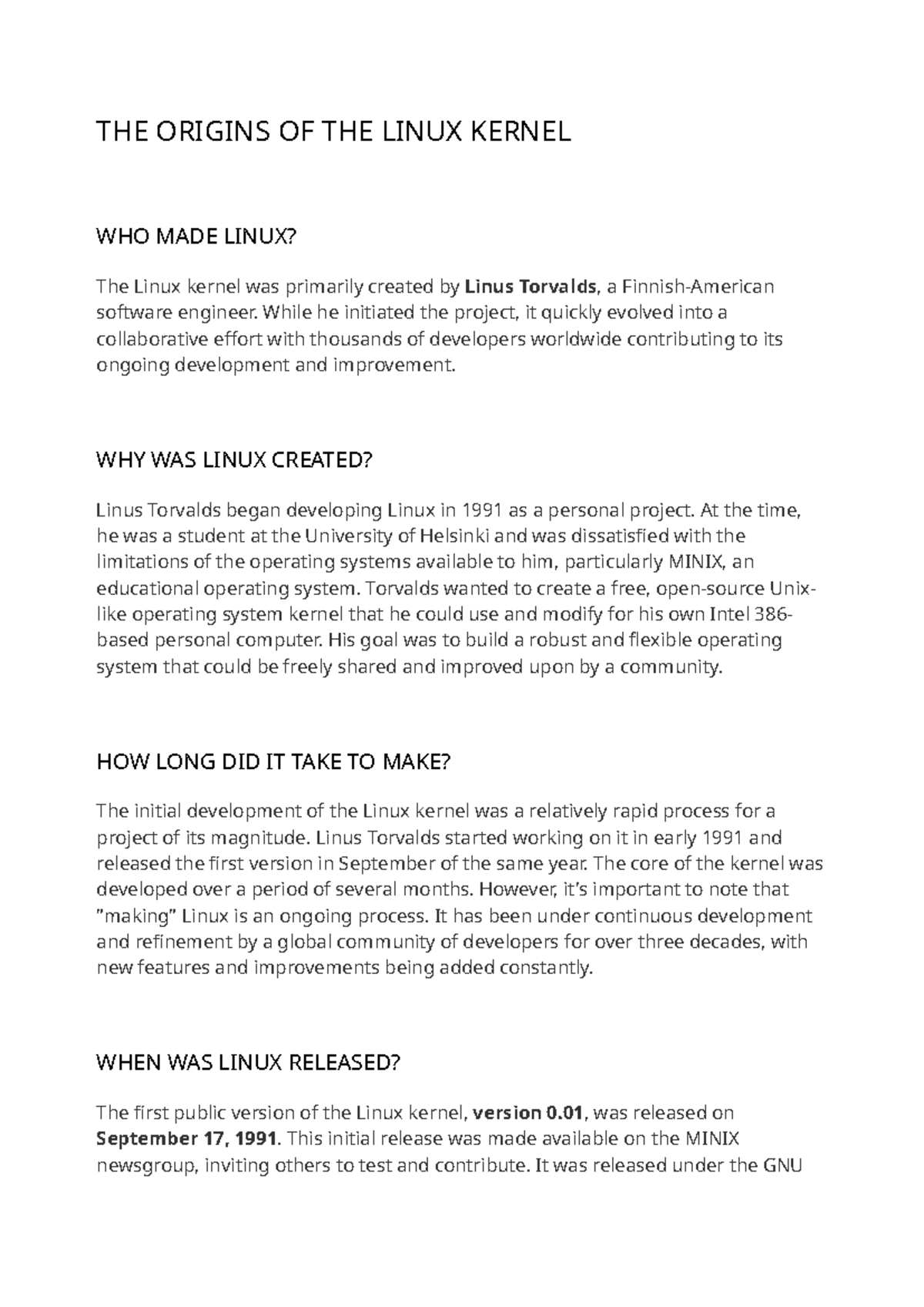 Linux Kernel Inner Workings: Origins and Development Insights - Studocu