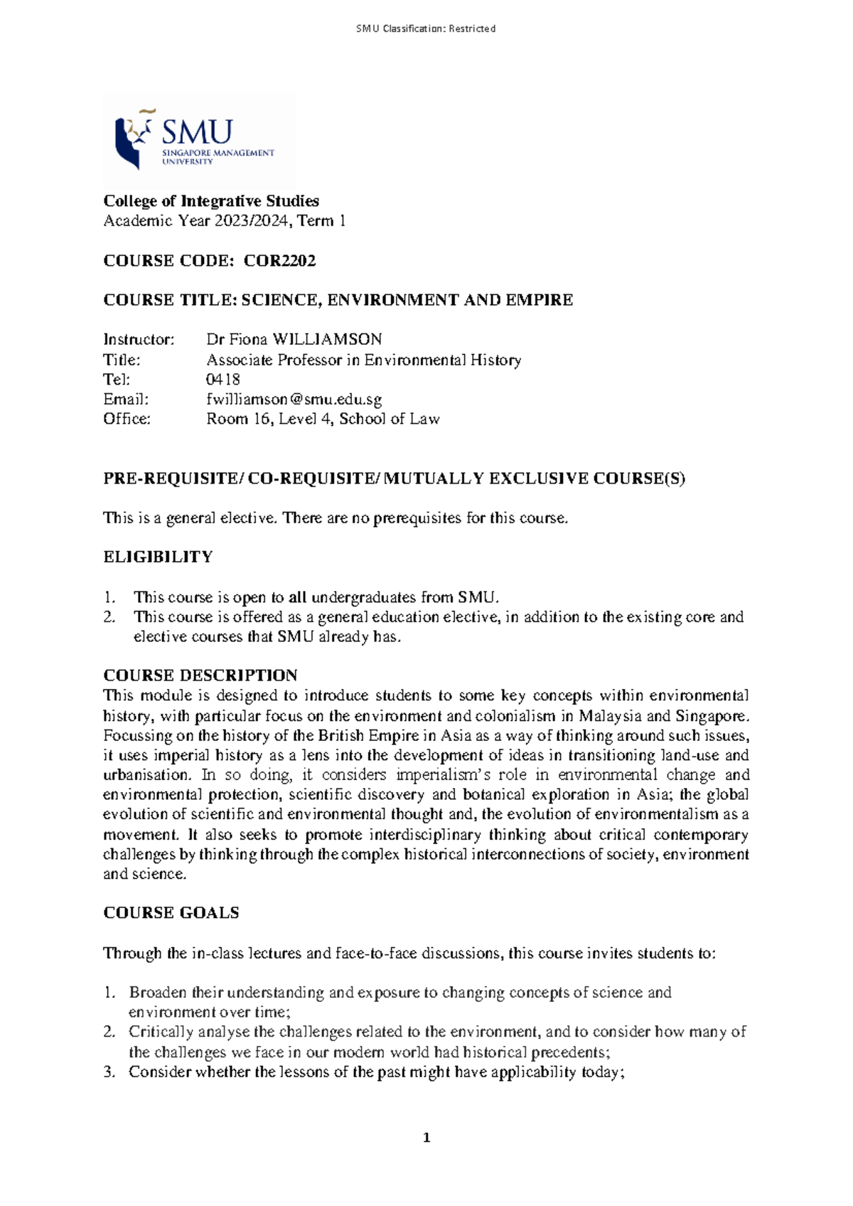 COR2202 G1 - Course Outline: Science, Environment, and Empire - Studocu