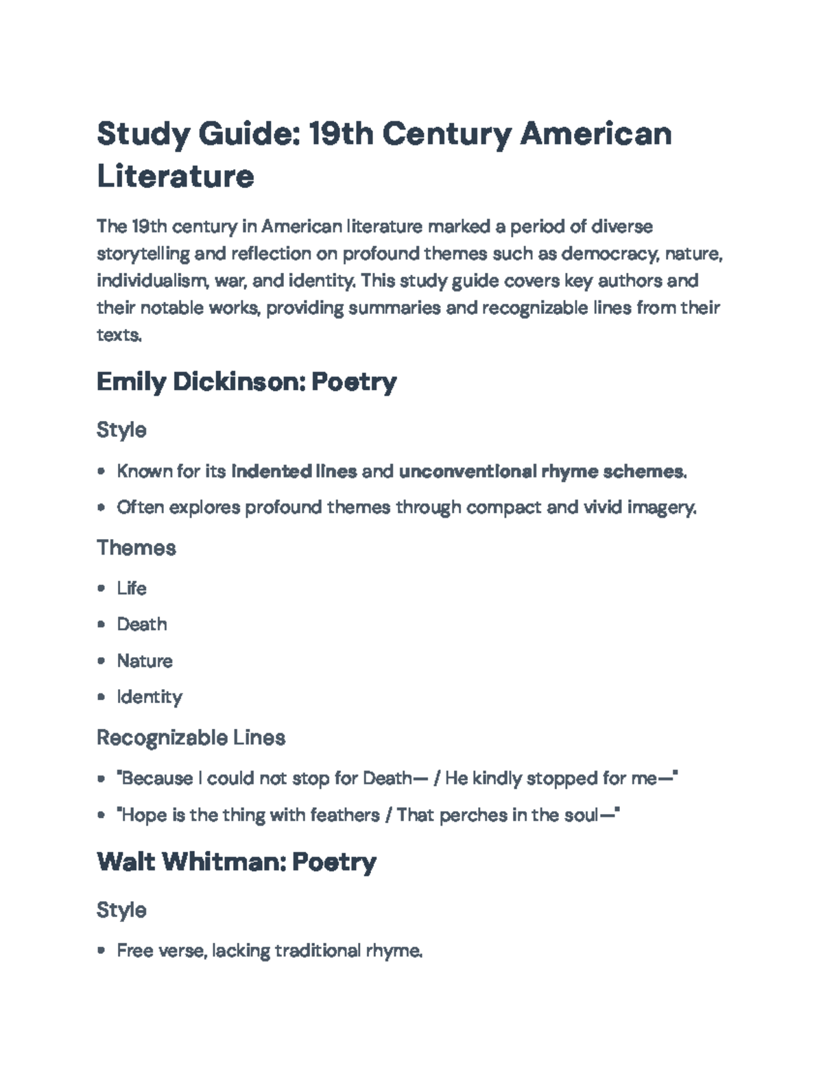 Study Guide: Key Themes and Authors in 19th Century American Lit ...