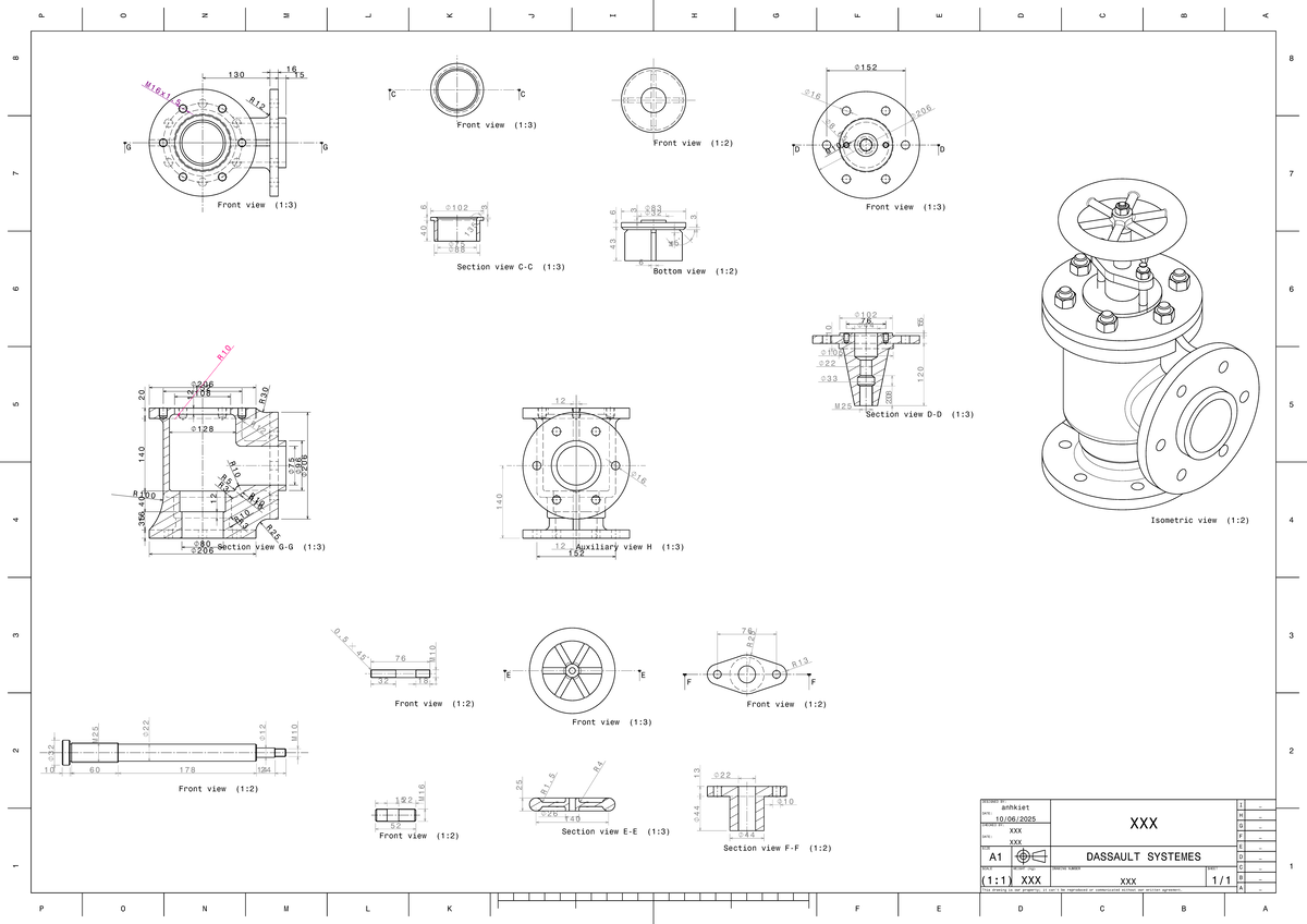 Engineering Drawing M1 130: Section and Front Views Analysis - Studocu
