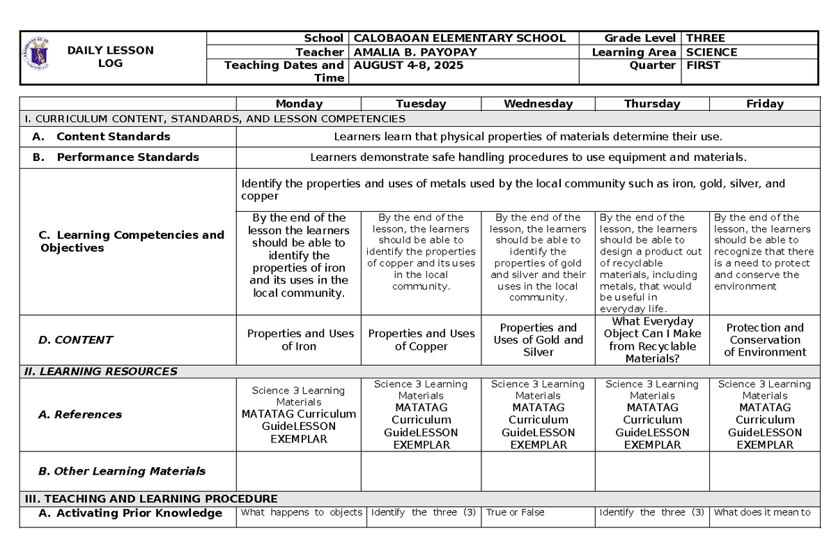 Daily Lesson Log (DLL) for Science 3 - August 2025 - Studocu