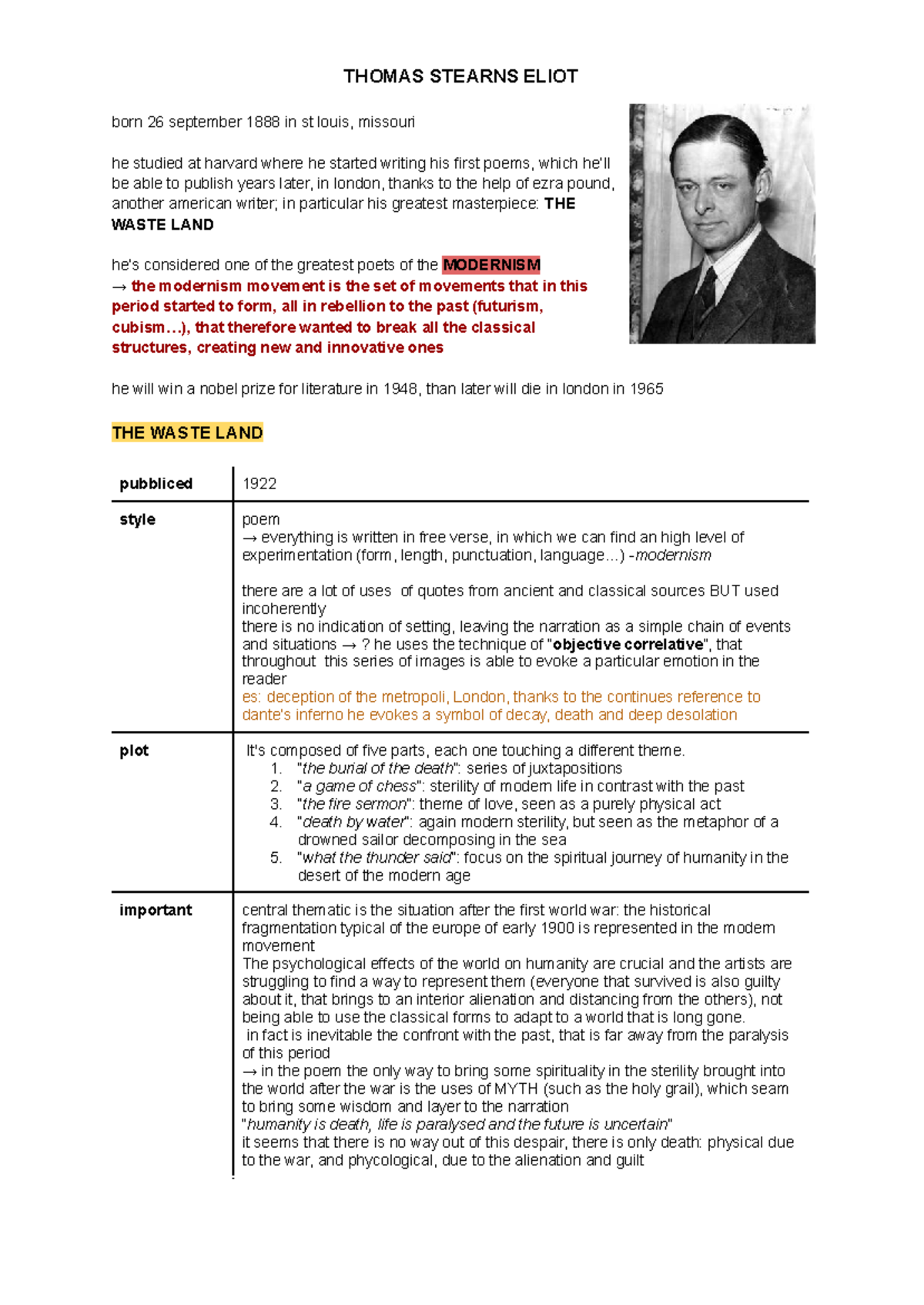 TH 101: Analyzing T.S. Eliot's "The Waste Land" and Modernism - Studocu