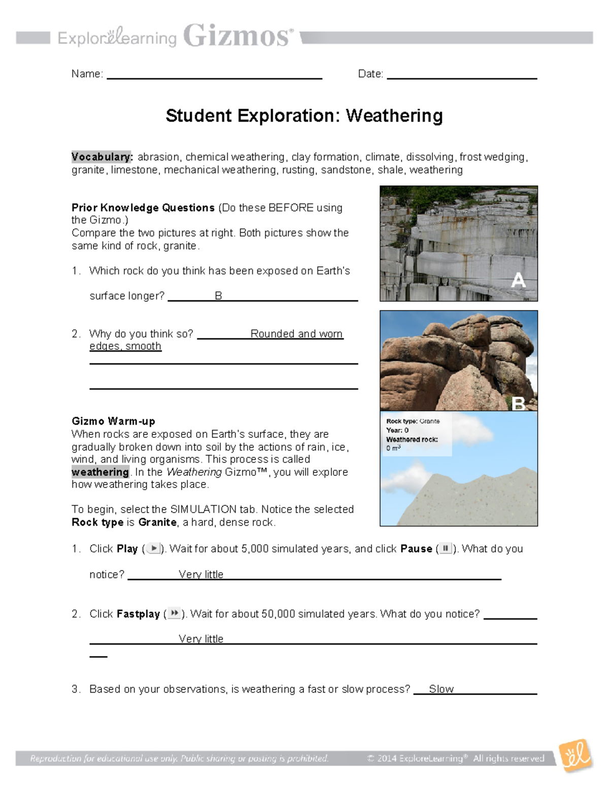 Exploring Weathering: Gizmo Sheet & Answers (Science 101) - Studocu