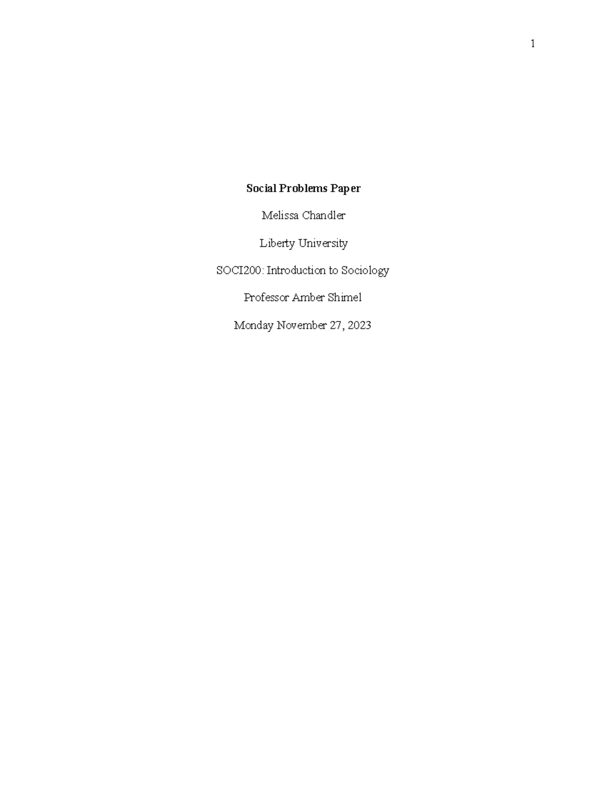 Soci200 Social Problems - Social Problems Paper Melissa Chandler ...