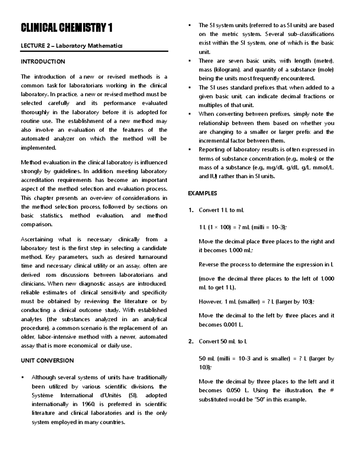 Lecture 2 – Laboratory Mathematics - Clinical Chemistry 1 - Studocu