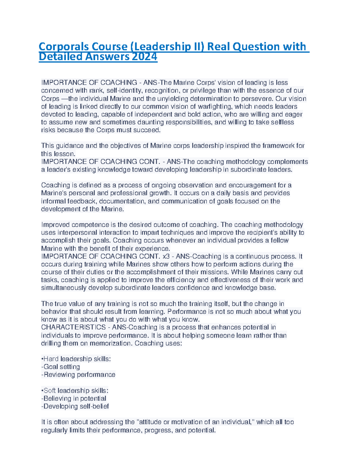 Corporals Course (Leadership II) Coaching Insights & Q&A 2024 - Studocu