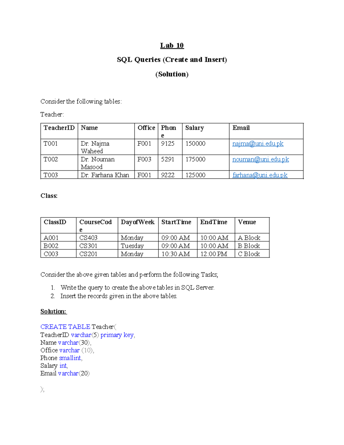 Lab 10 CS403 SQL Queries: Create & Insert Tables (Solution) - Studocu