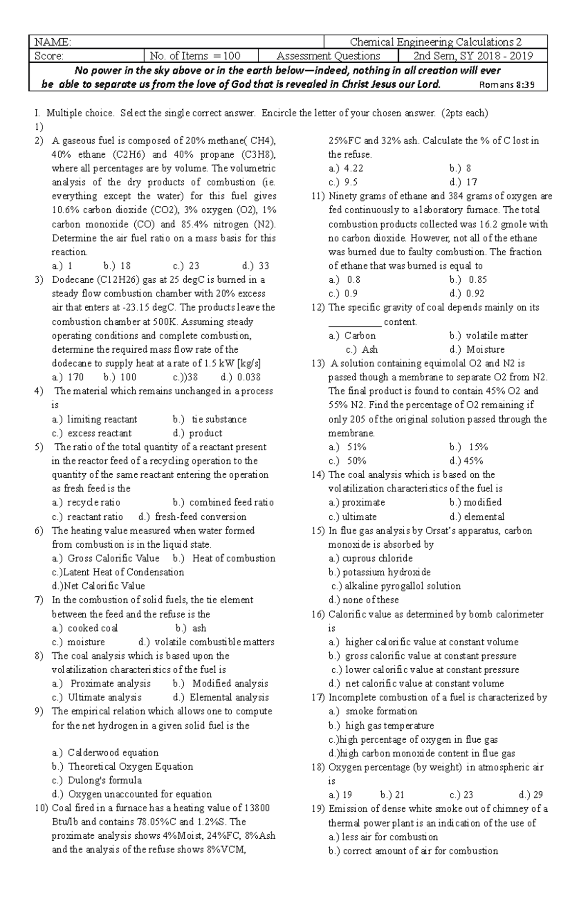 Sample/practice exam 2 February 2019, questions - NAME: Score: Chemical ...