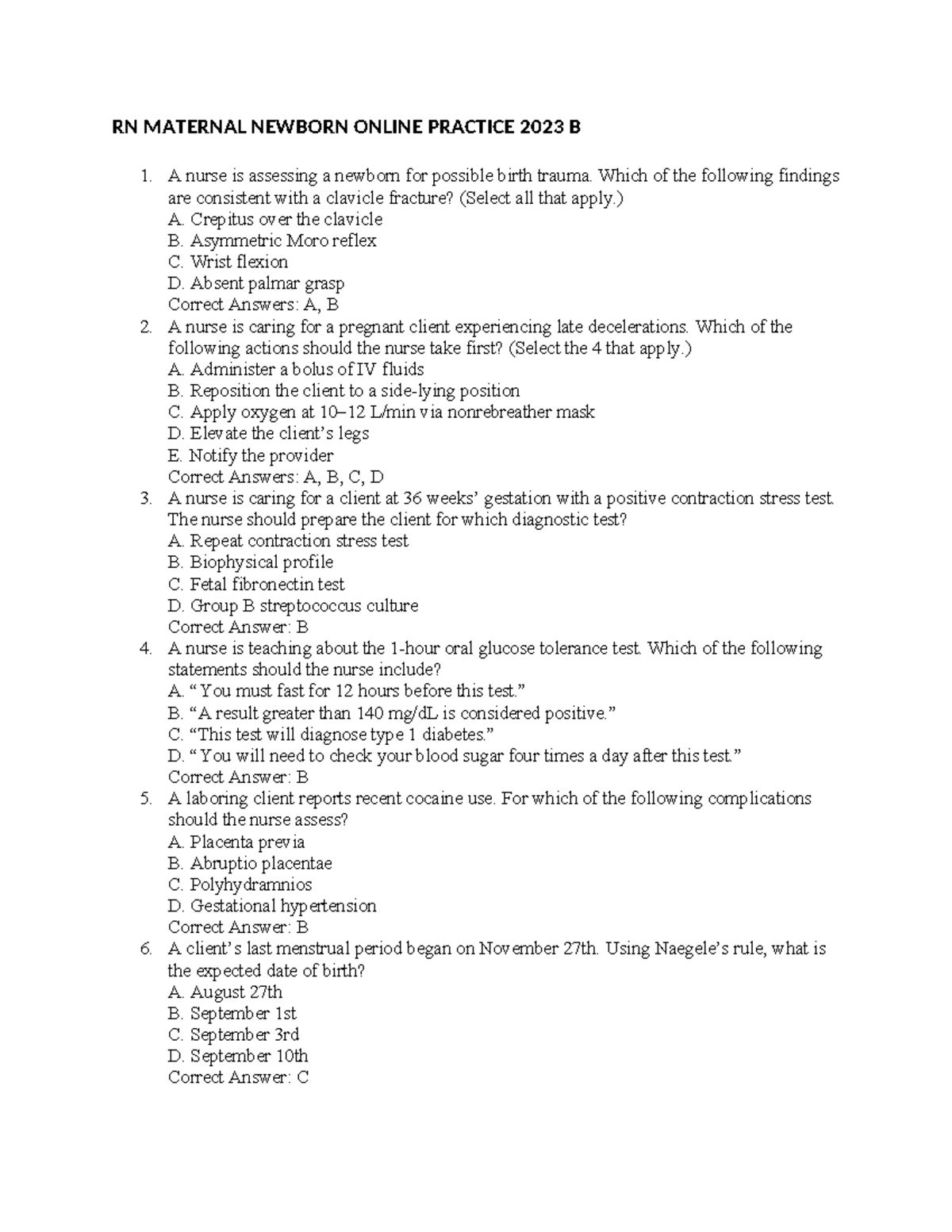 RN Maternal Newborn Online Practice 2023 B: Key Assessment Questions ...