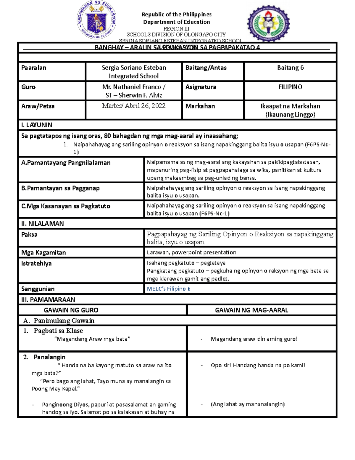 Pagbibigay Ng Opinyon At Reaksyon Worksheets Opinyon At Reaksyon
