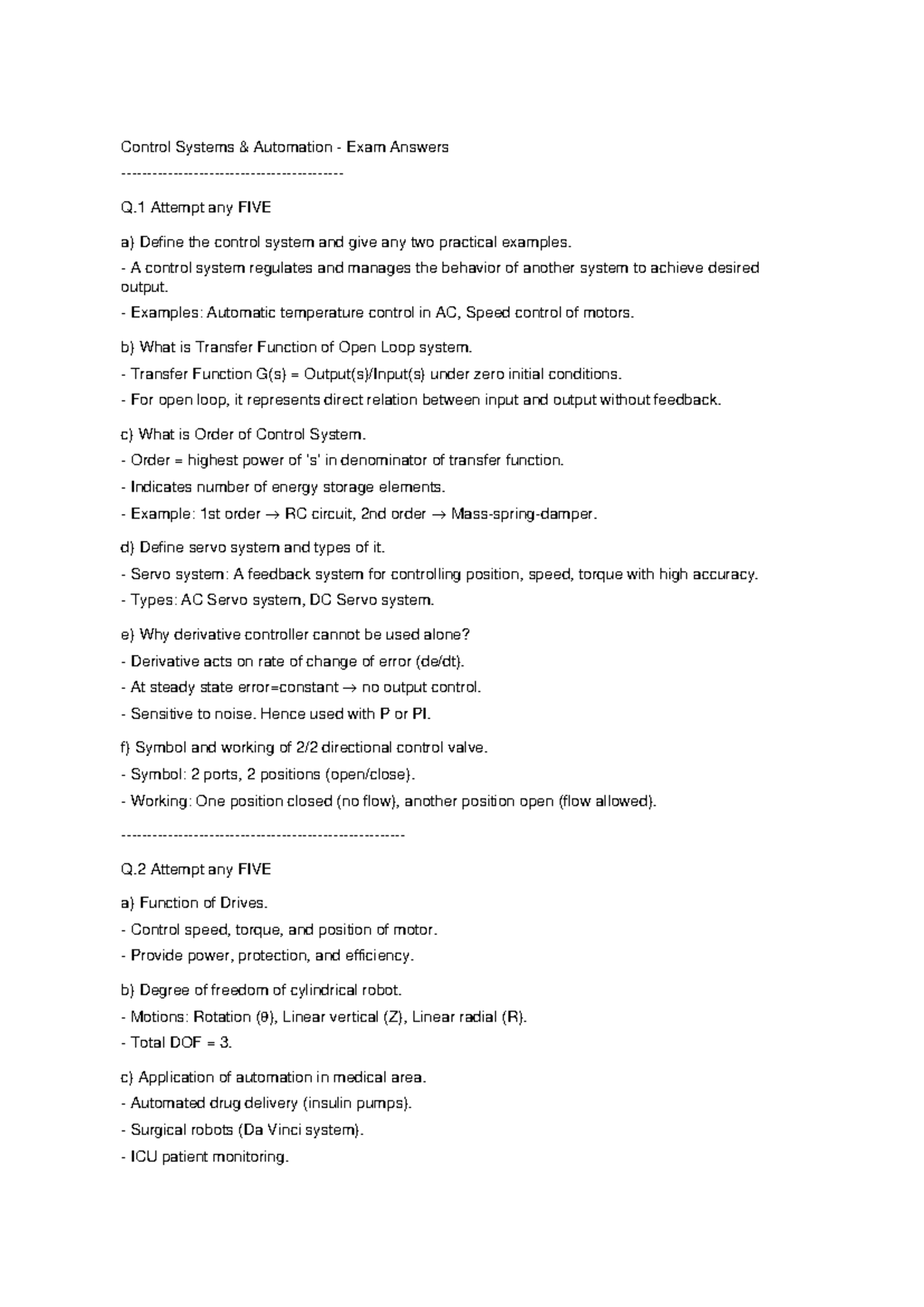 Control Systems Automation Exam Answers: Key Concepts and Examples ...