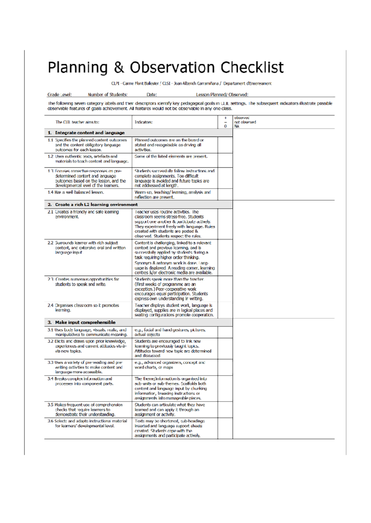 Planning and observation checklist - Planning Observation Checklist ...