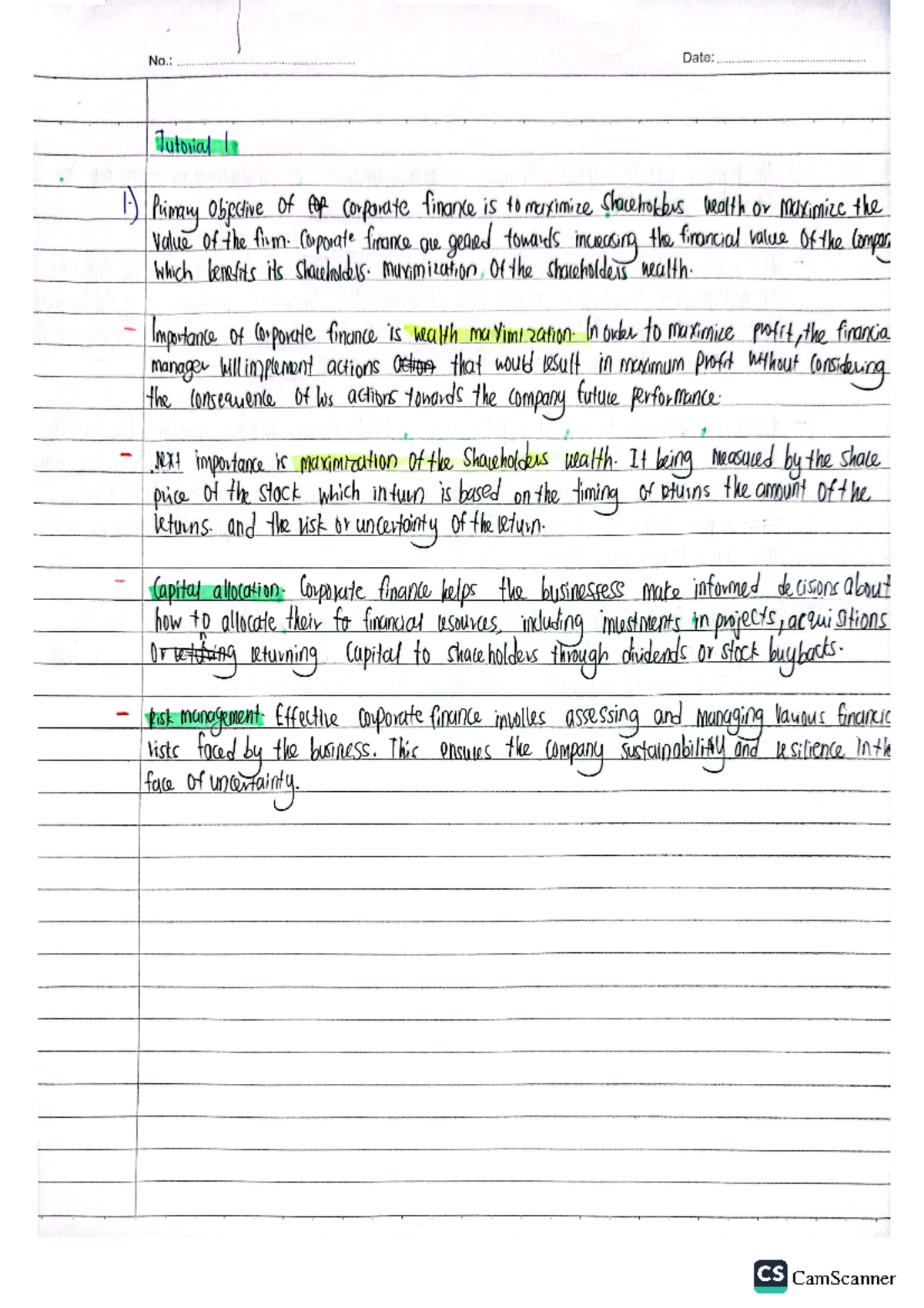 Tutorial 1 - Chapter 1 Corporate Finance - No.: Date: Tutorial 1 ...
