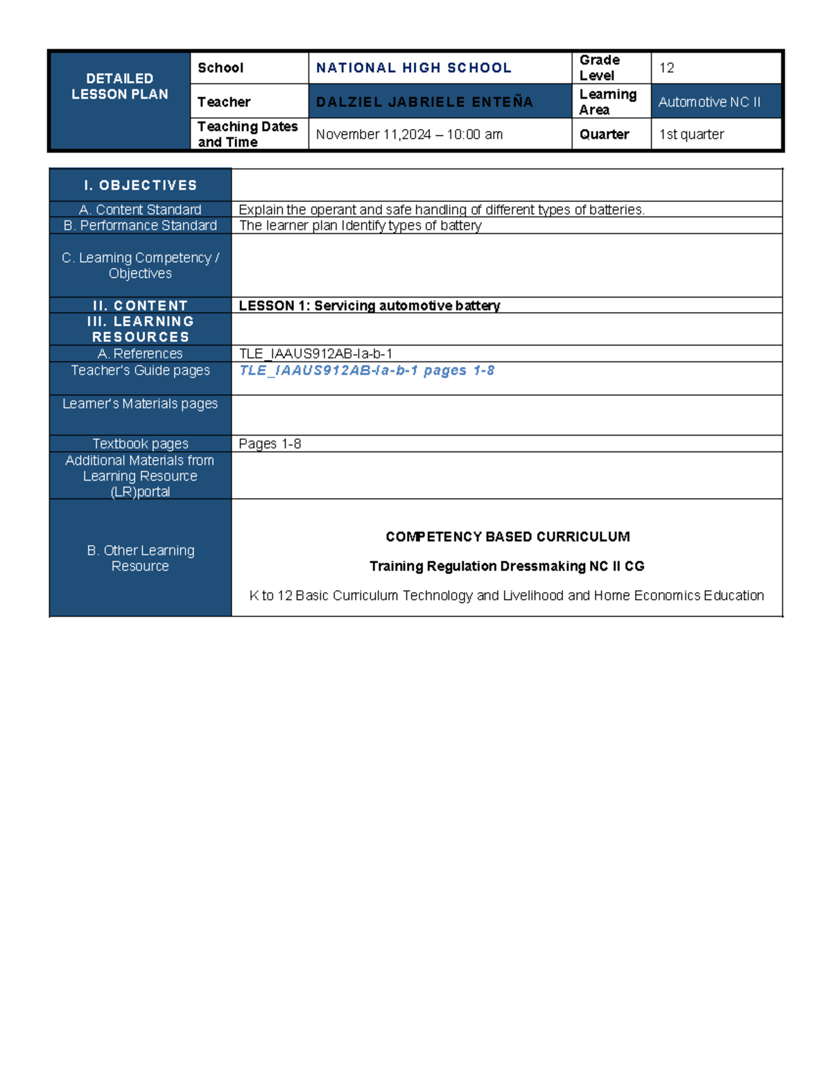 Detailed Lesson Plan: Automotive Battery Servicing NC II - Grade 12 ...