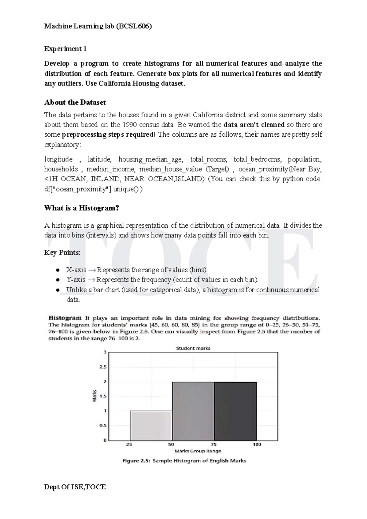Machine Learning Lab (BCSL606) Experiment 1: Histograms & Outlier Detection - Studocu