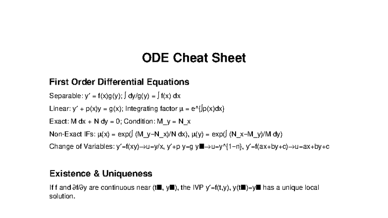 ODE Cheat Sheet: First & Second Order Differential Equations - Studocu