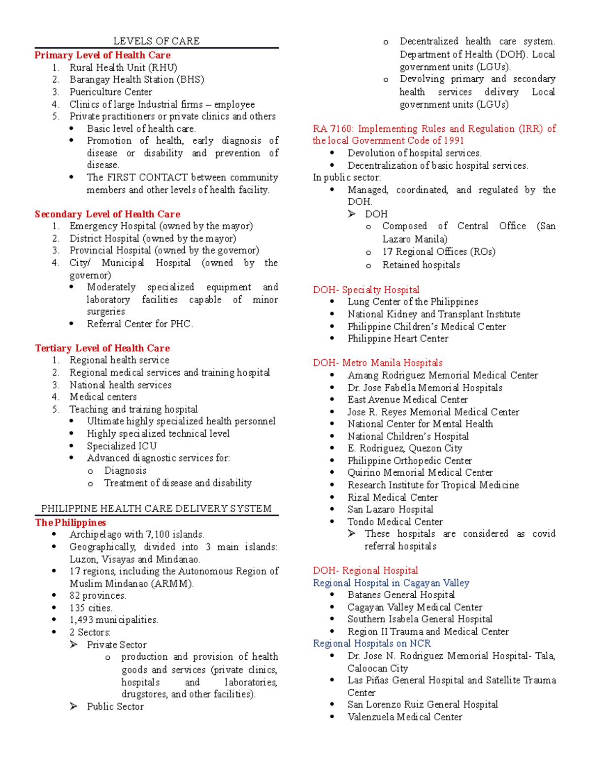 CHN- Levels of Health Care Delivery in the Philippines - Studocu