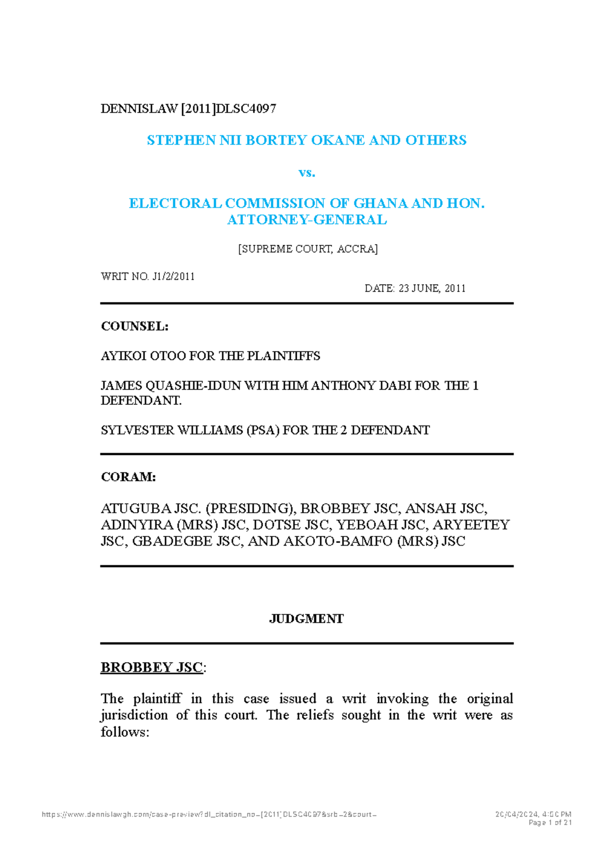 Nii Bortey Okane & Ors vs Electoral Commission: Supreme Court Judgment ...