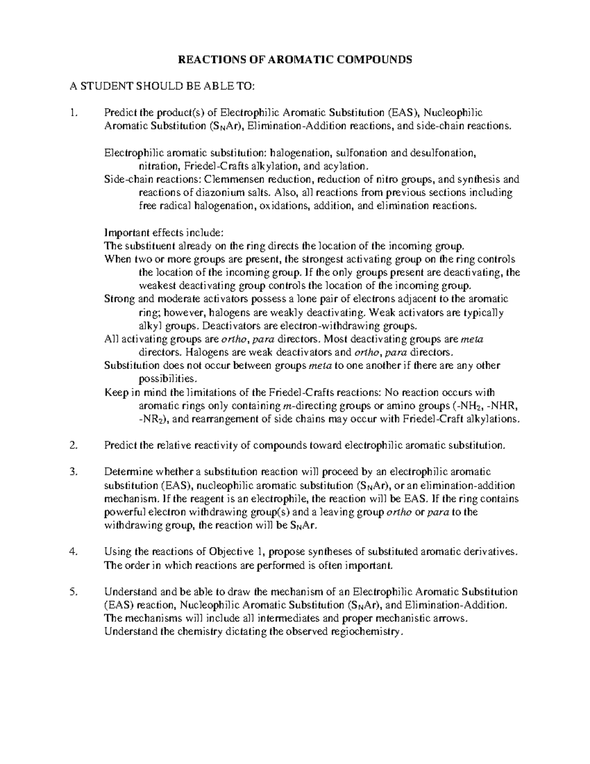 Reactions of Aromatic Compounds Worksheet for Organic Chemistry 2220D ...