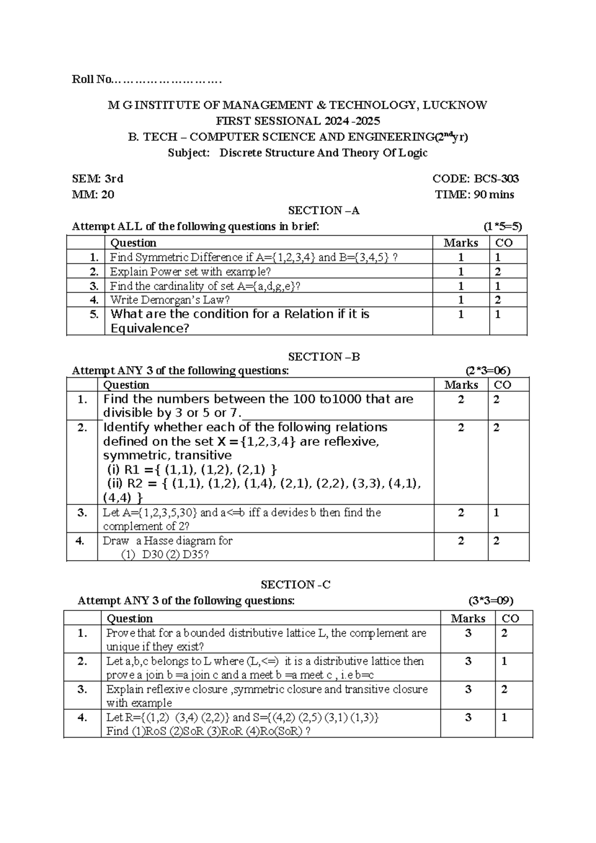 B. Tech CSE 2nd Year Discrete Structures & Logic - 1st Sessional 2024 ...
