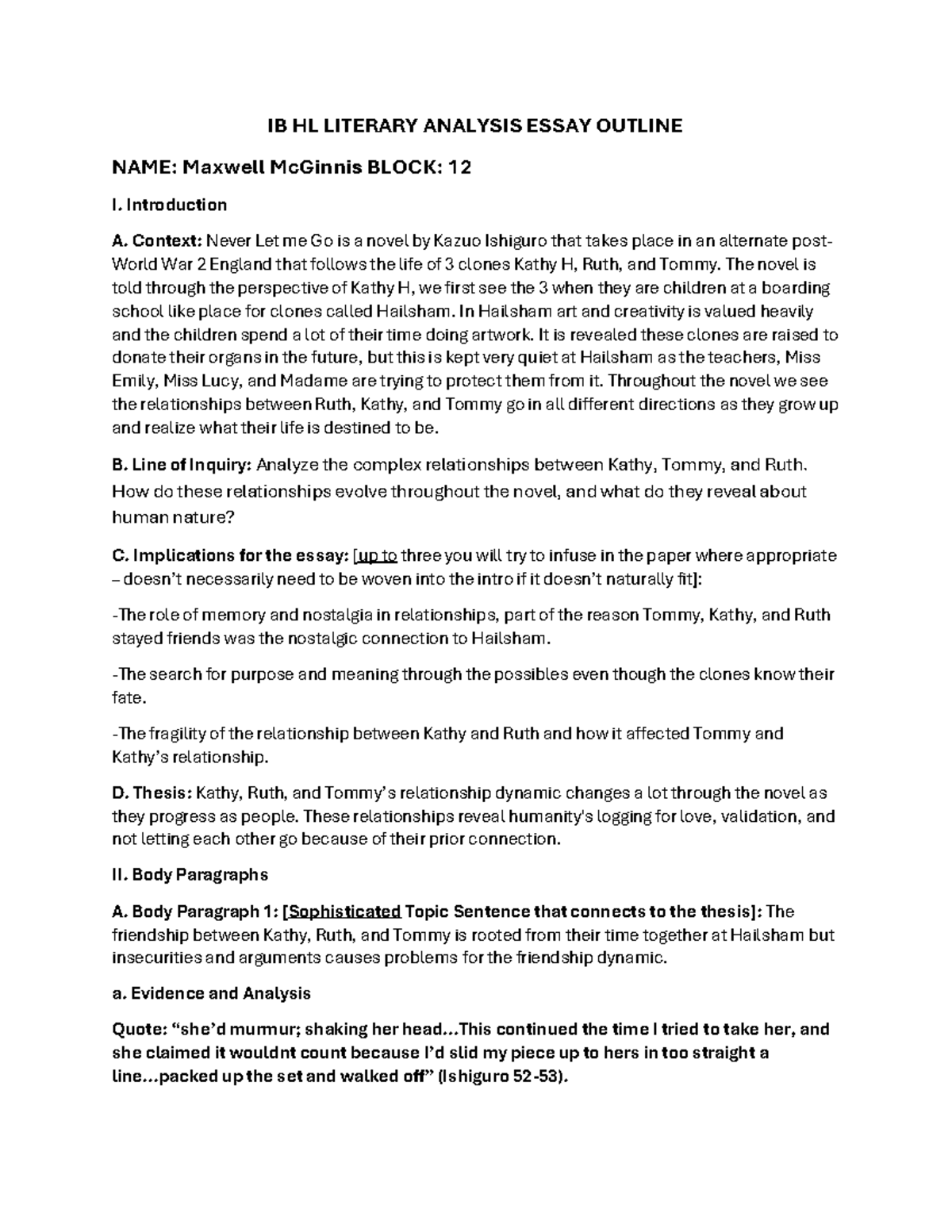 Never Let Me Go HL Essay Outline: Analyzing Complex Relationships - Studocu