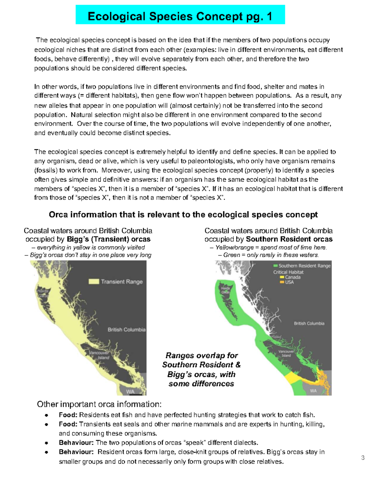 Ecological Species Concept (ESC) Overview and Orca Examples - Studocu