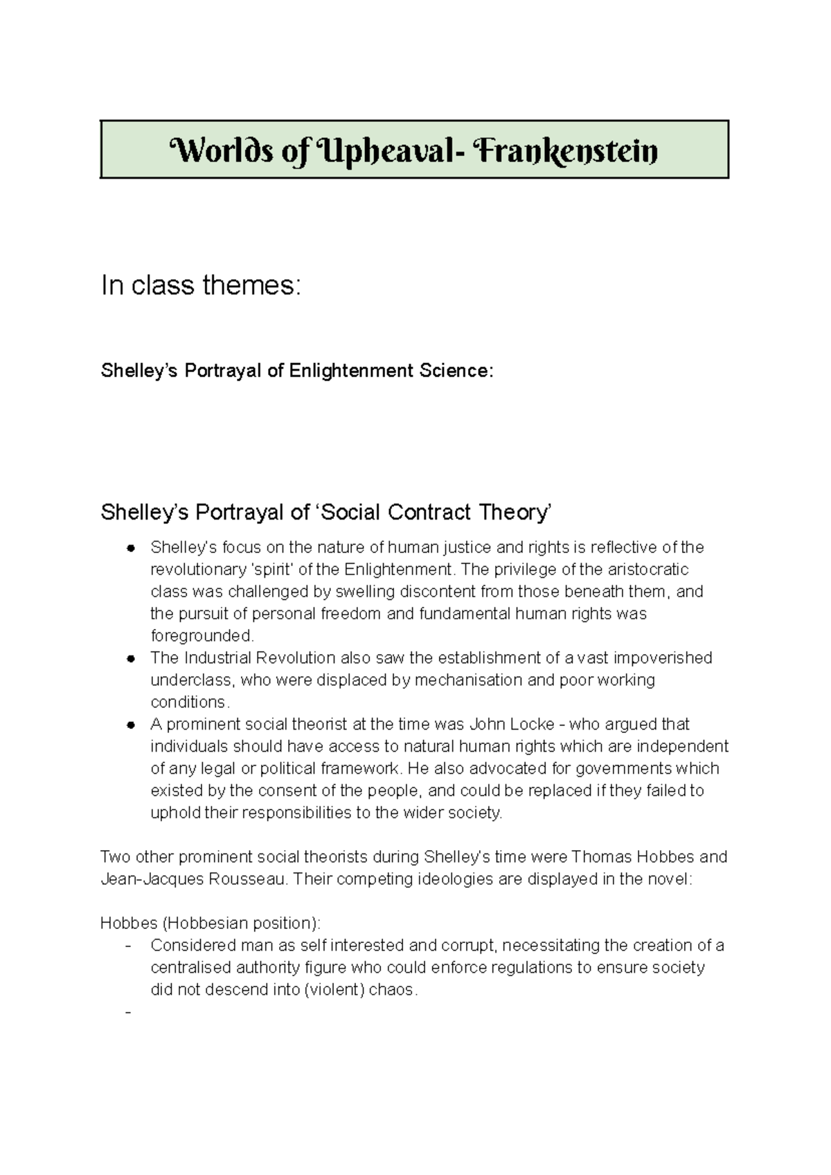 Frankenstein Notes: Enlightenment Themes & Human Rights Analysis - Studocu