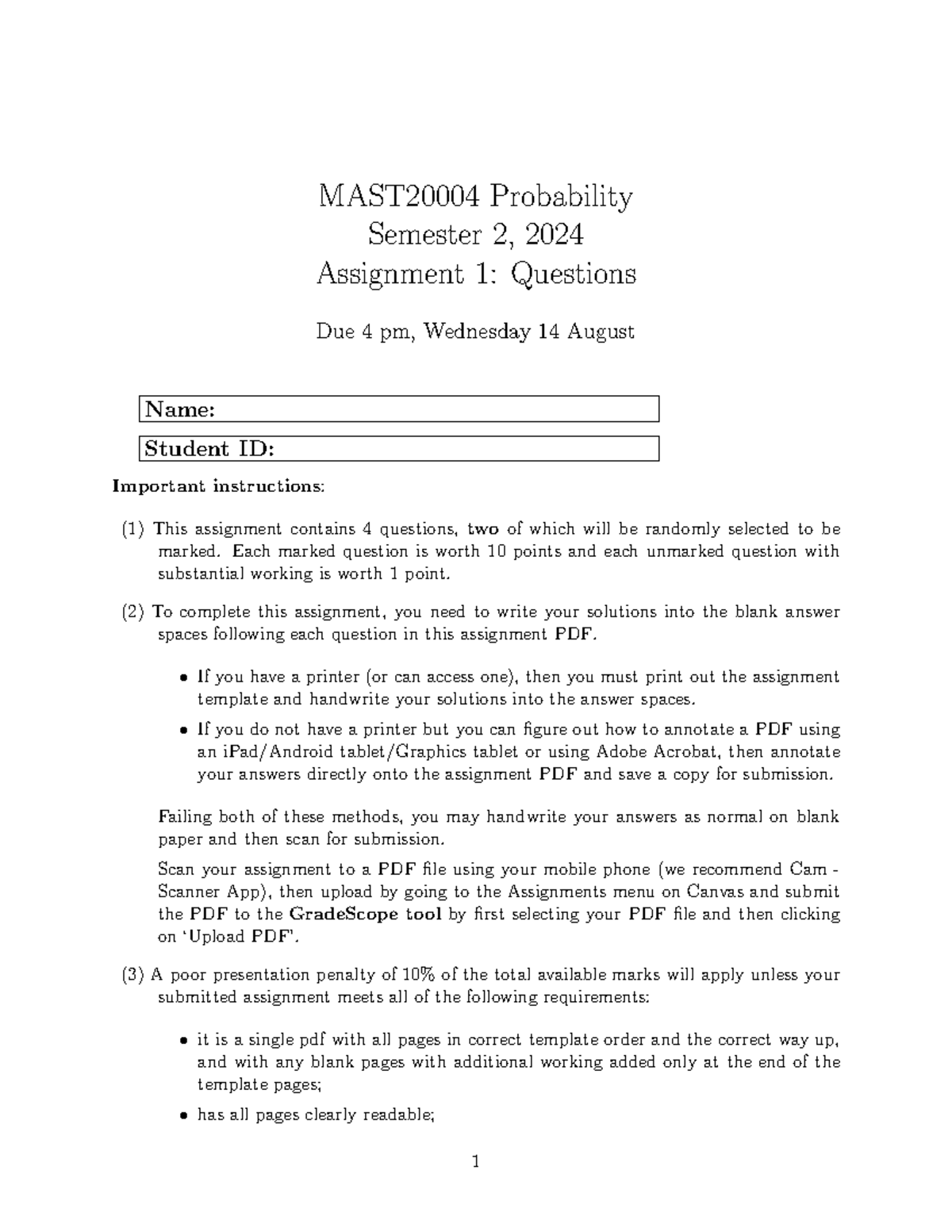 A1 SM2 2024(with Sol) - ASS1_SOL - MAST20004 Probability Semester 2 ...
