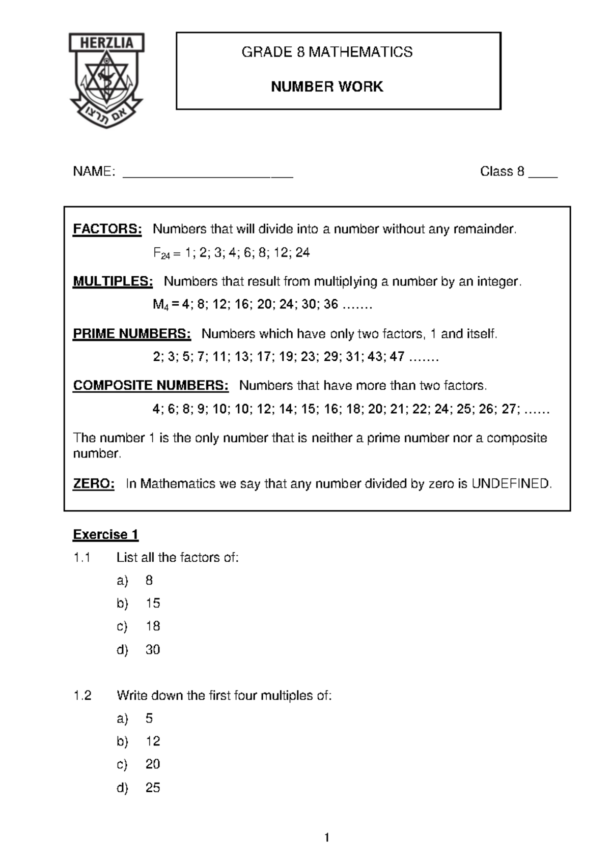GRADE 8 MATHEMATICS F24: Factors, Multiples, and Prime Numbers ...