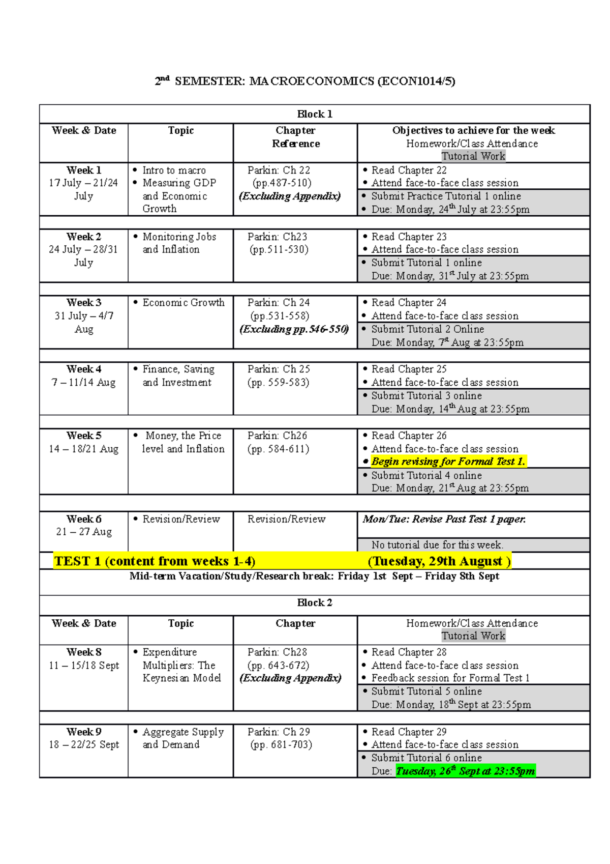 Weekly Course Schedule 2023 - 2 nd SEMESTER: MACROECONOMICS (ECON1014/5 ...