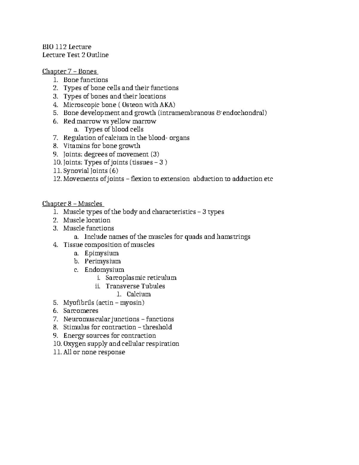 BIO 112 Lecture Test 2 Outline: Bones & Muscles Overview - Studocu
